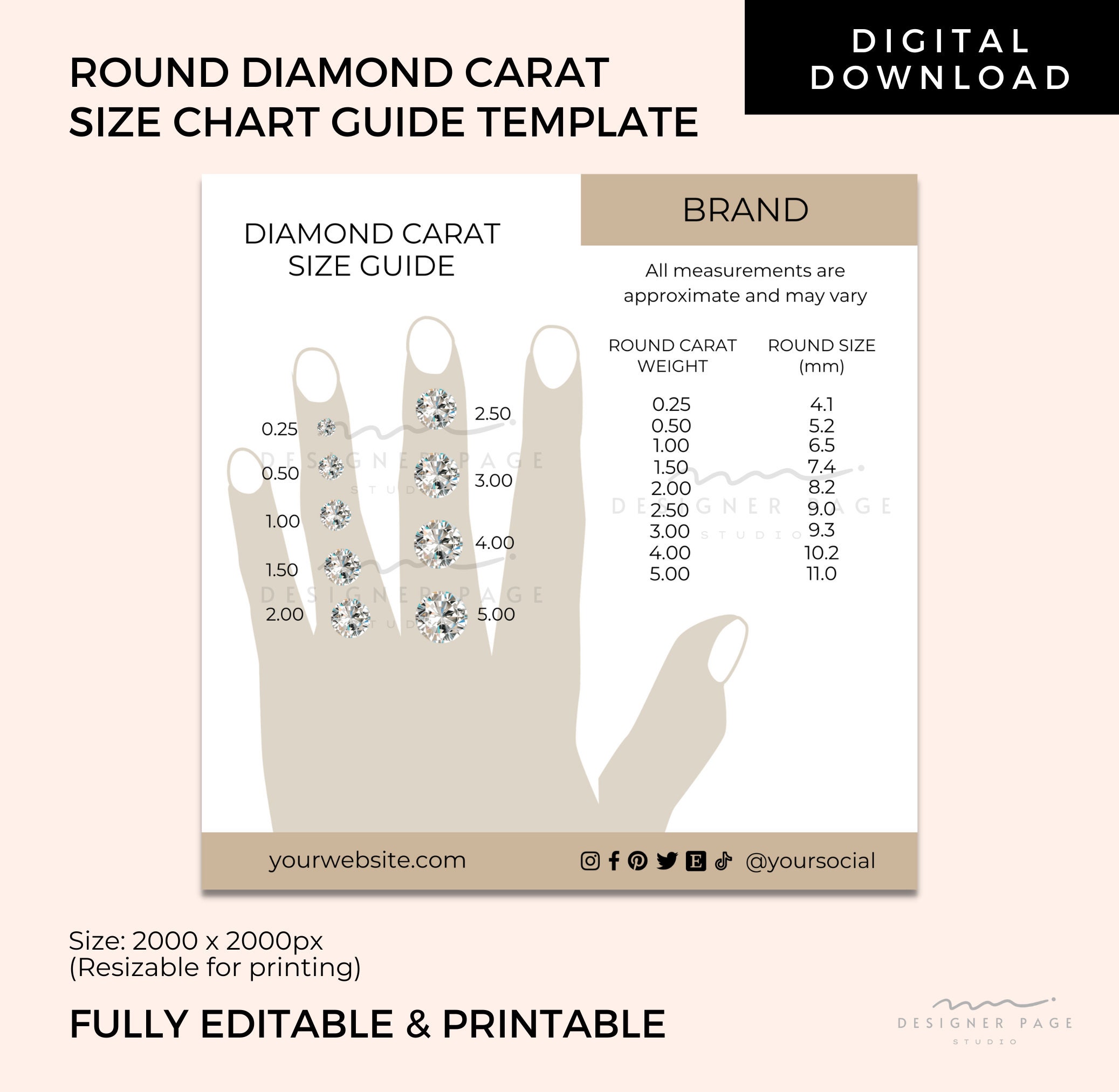Editable Diamond Carat Size Chart Template Canva, Printable Round ...