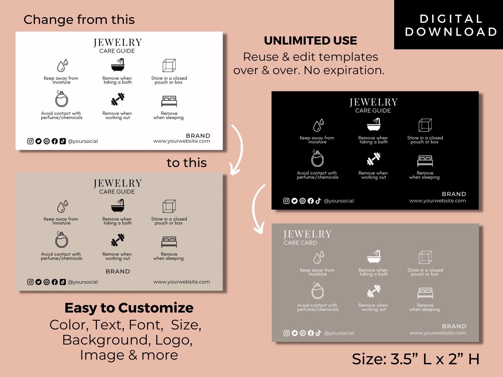 Editable Jewelry Care Card Template Canva, Printable Care Guide for ...