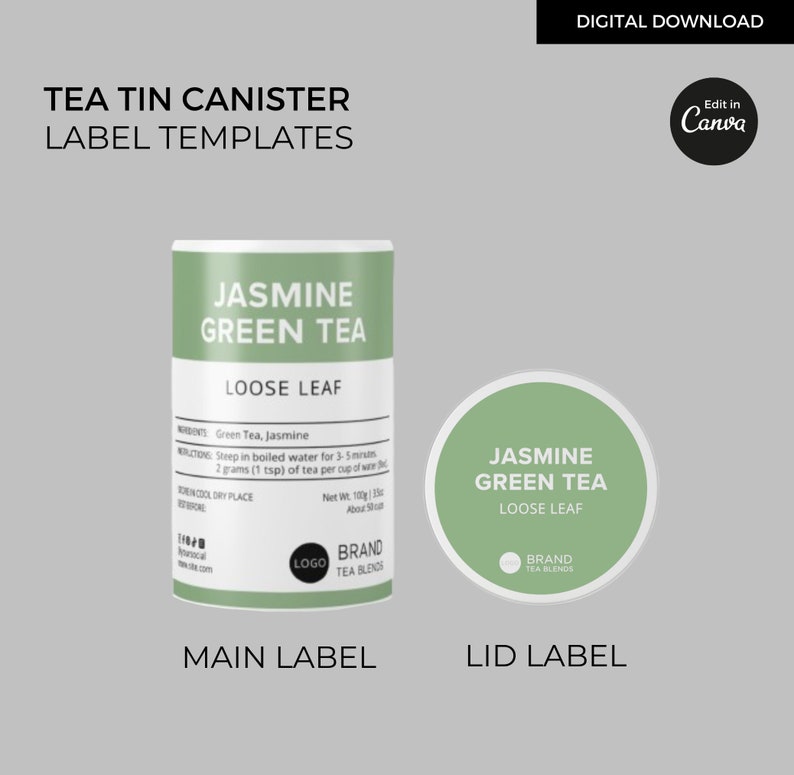 Modern Tea Tin Can Labels Template Editable Canva, Tea Canister Label ...