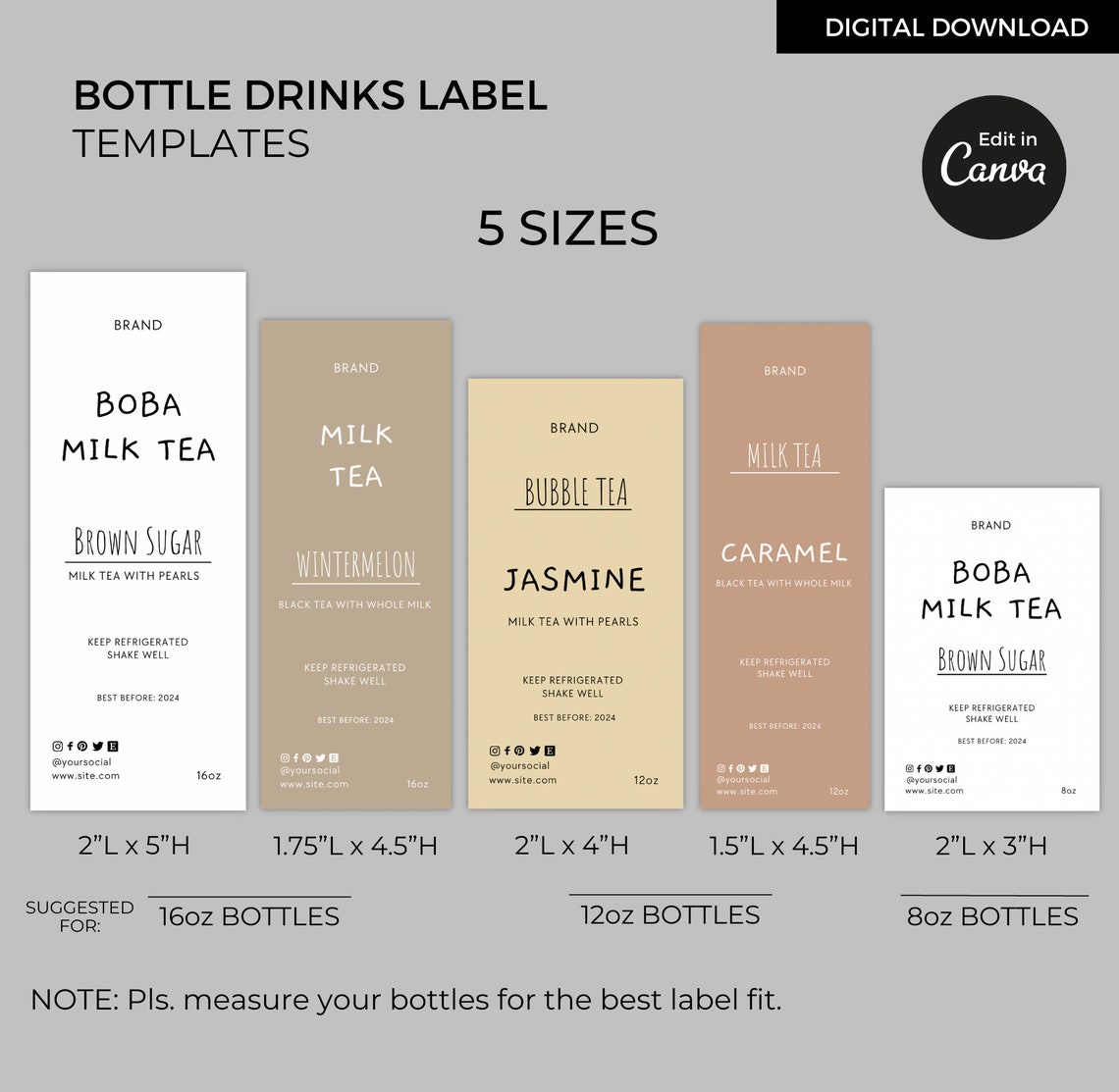 Editable Boba Milk Tea Bottle Labels Template Canva, Drinks Label ...