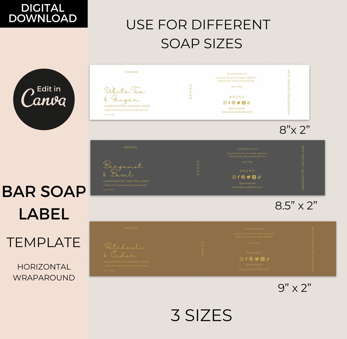Bar Soap Labels Template Canva Editable, Soap Sleeves Label Printable ...