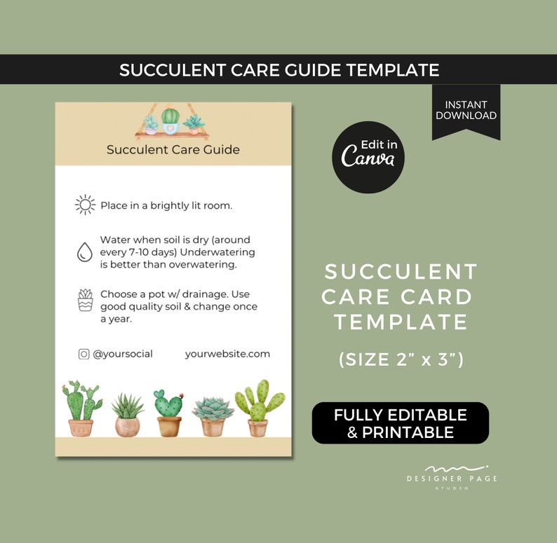Editable Succulent Care Guide Template, Plant Care Cards Tag Printable ...
