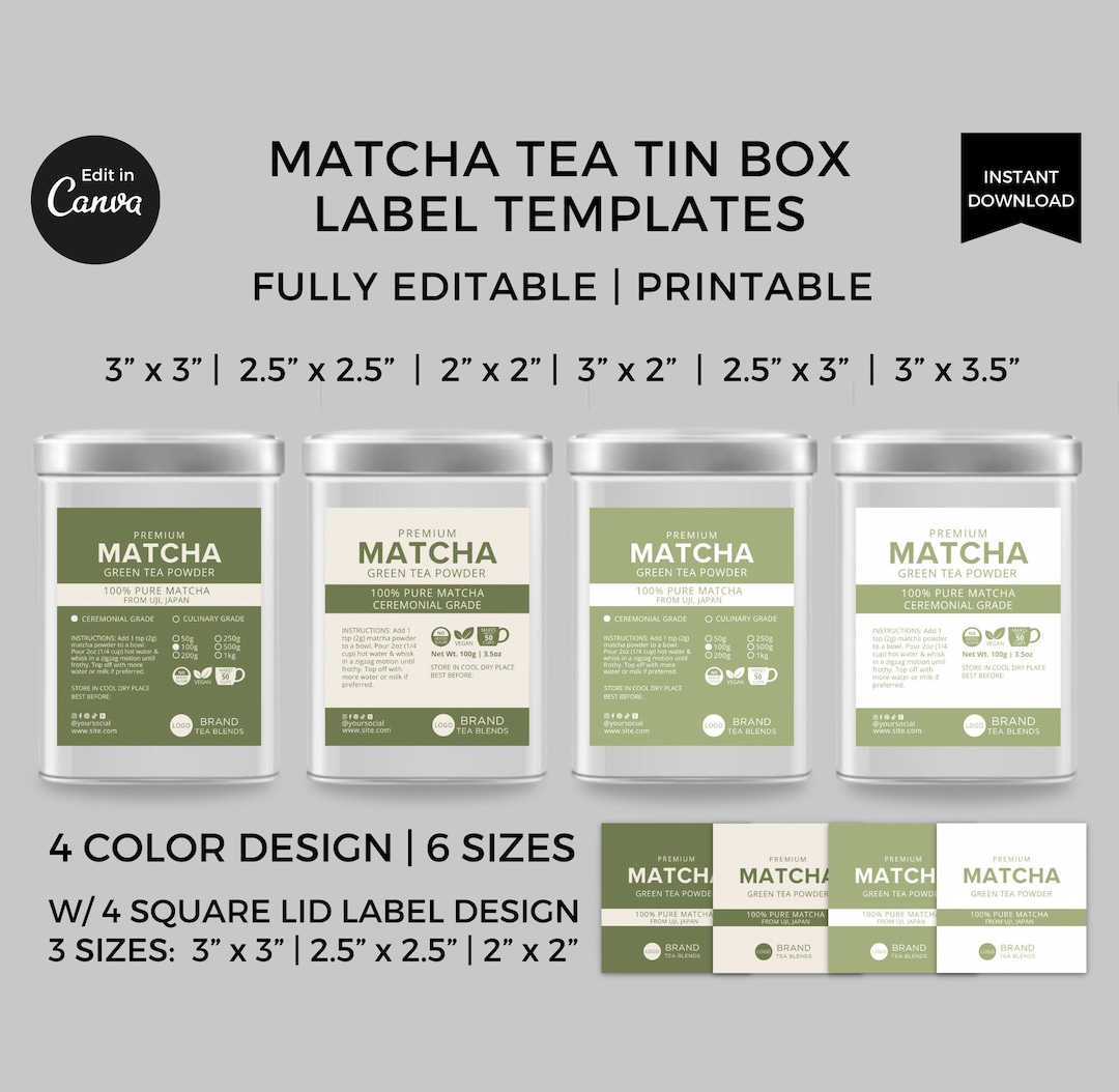 Matcha Tea Tin Can Labels Template Editable Canva, Tea Canister Label ...