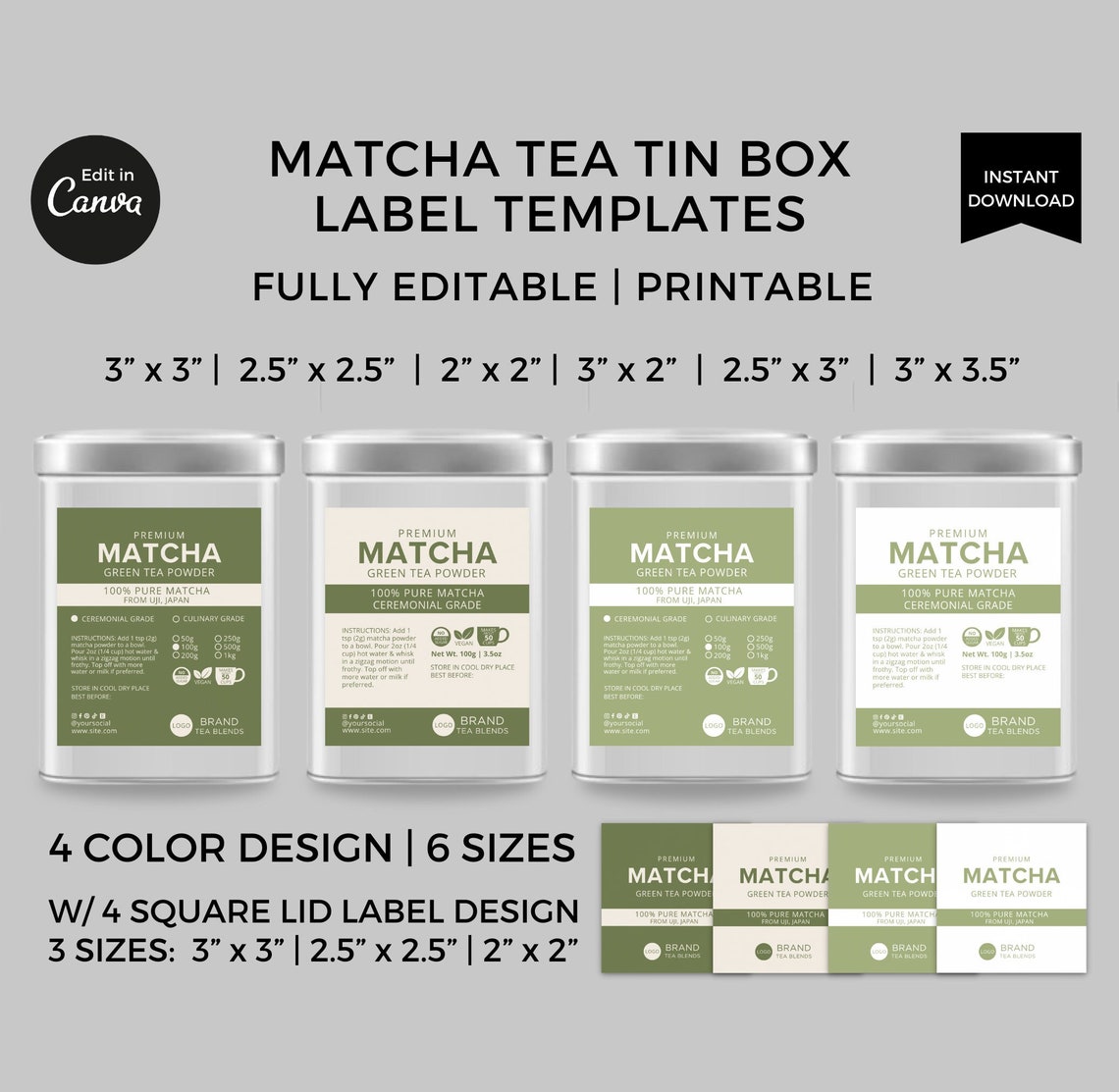 Matcha Tea Tin Can Labels Template Editable Canva, Tea Canister Label ...