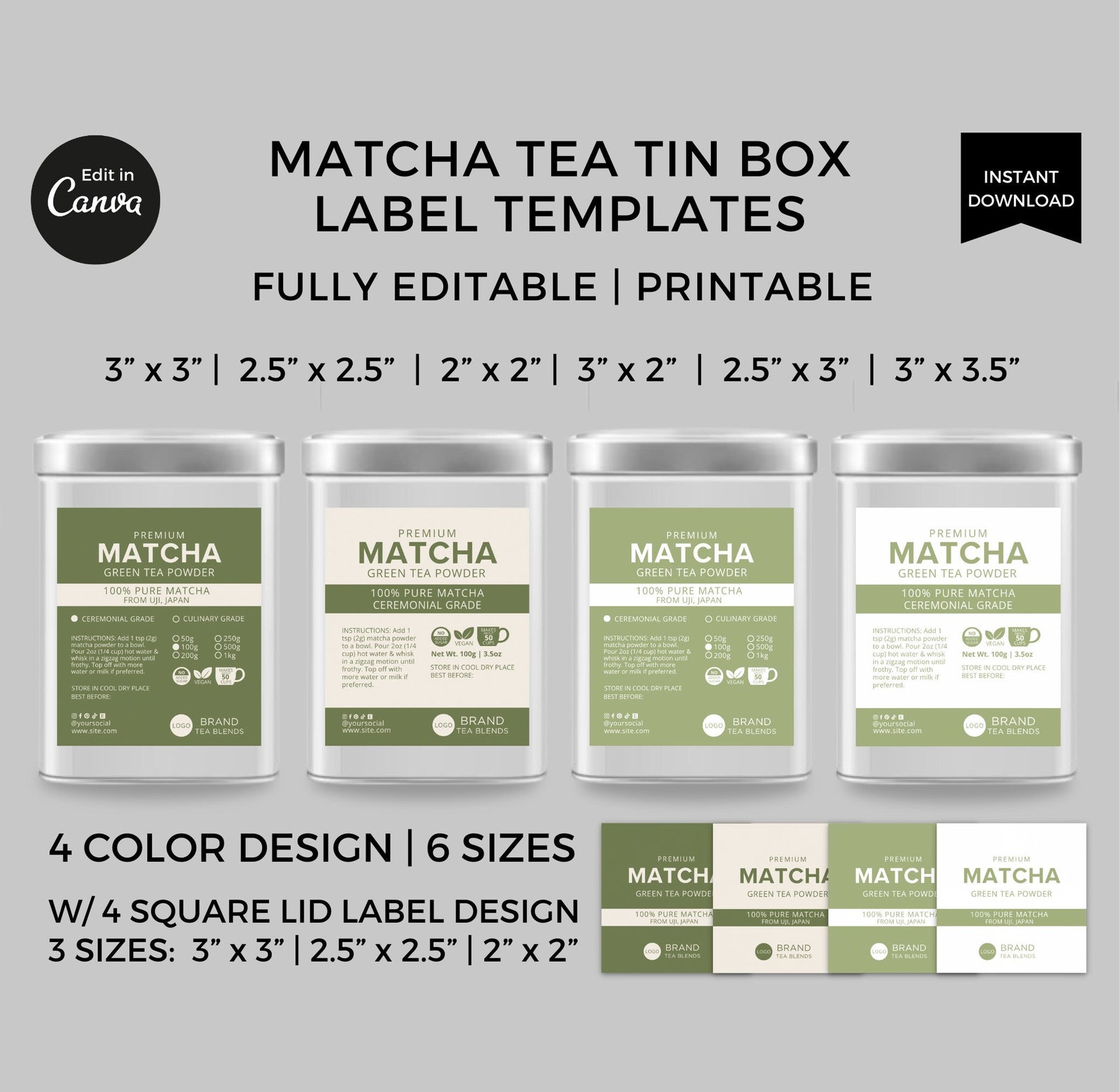 Matcha Tea Tin Can Labels Template Editable Canva, Tea Canister Label ...