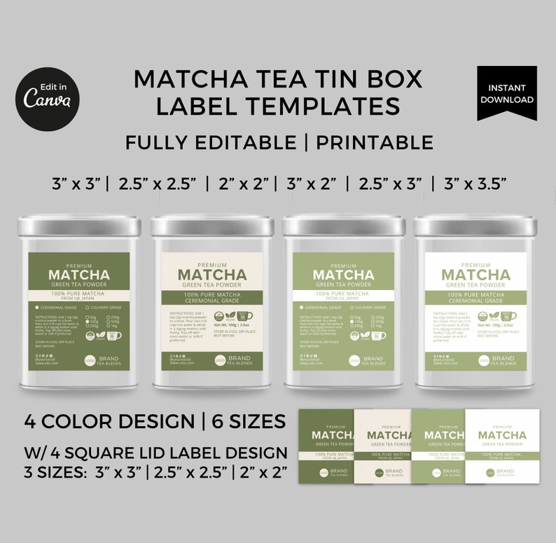 Matcha Tea Tin Can Labels Template Editable Canva, Tea Canister Label ...