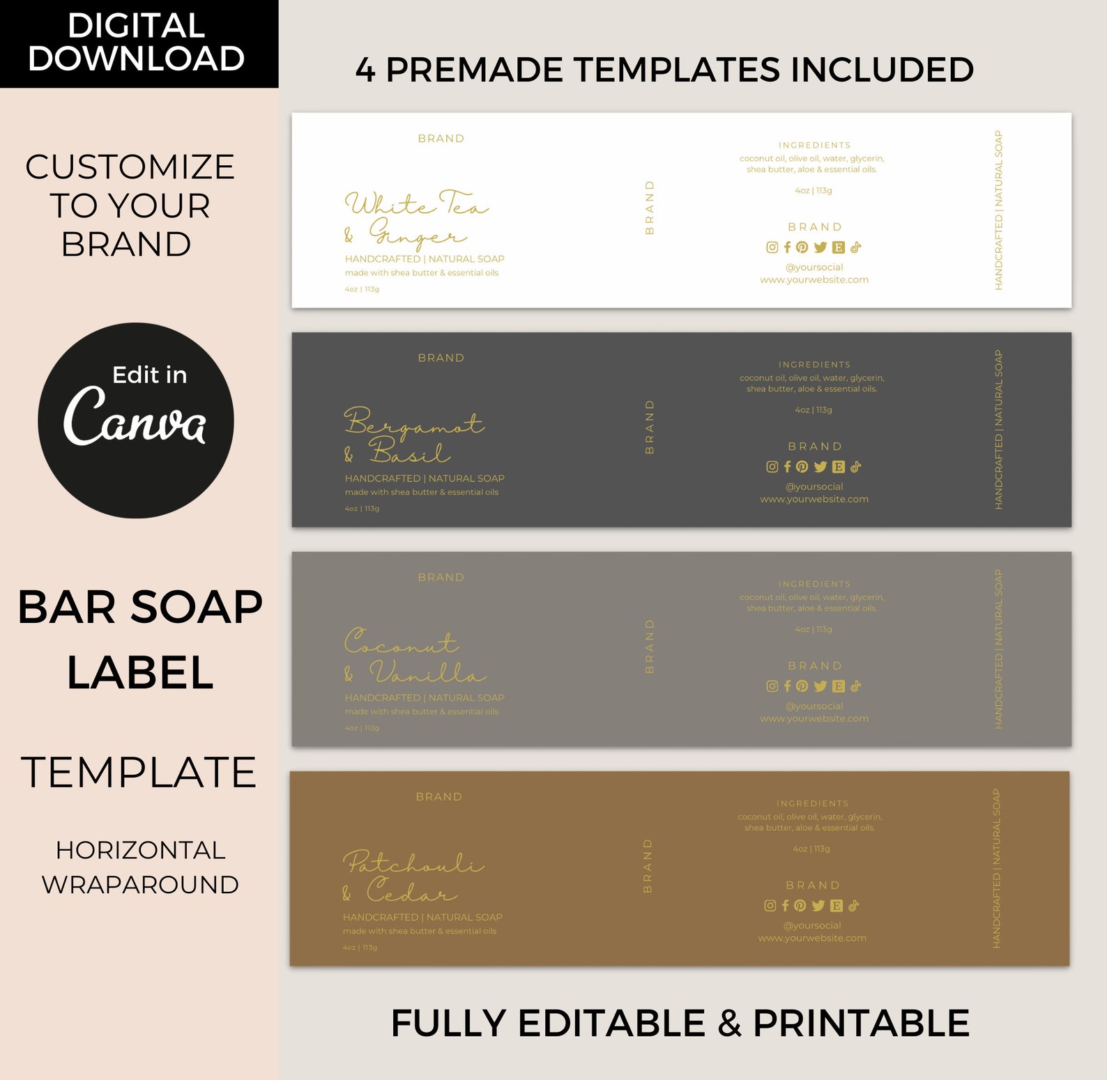 Bar Soap Labels Template Canva Editable, Soap Sleeves Label Printable ...