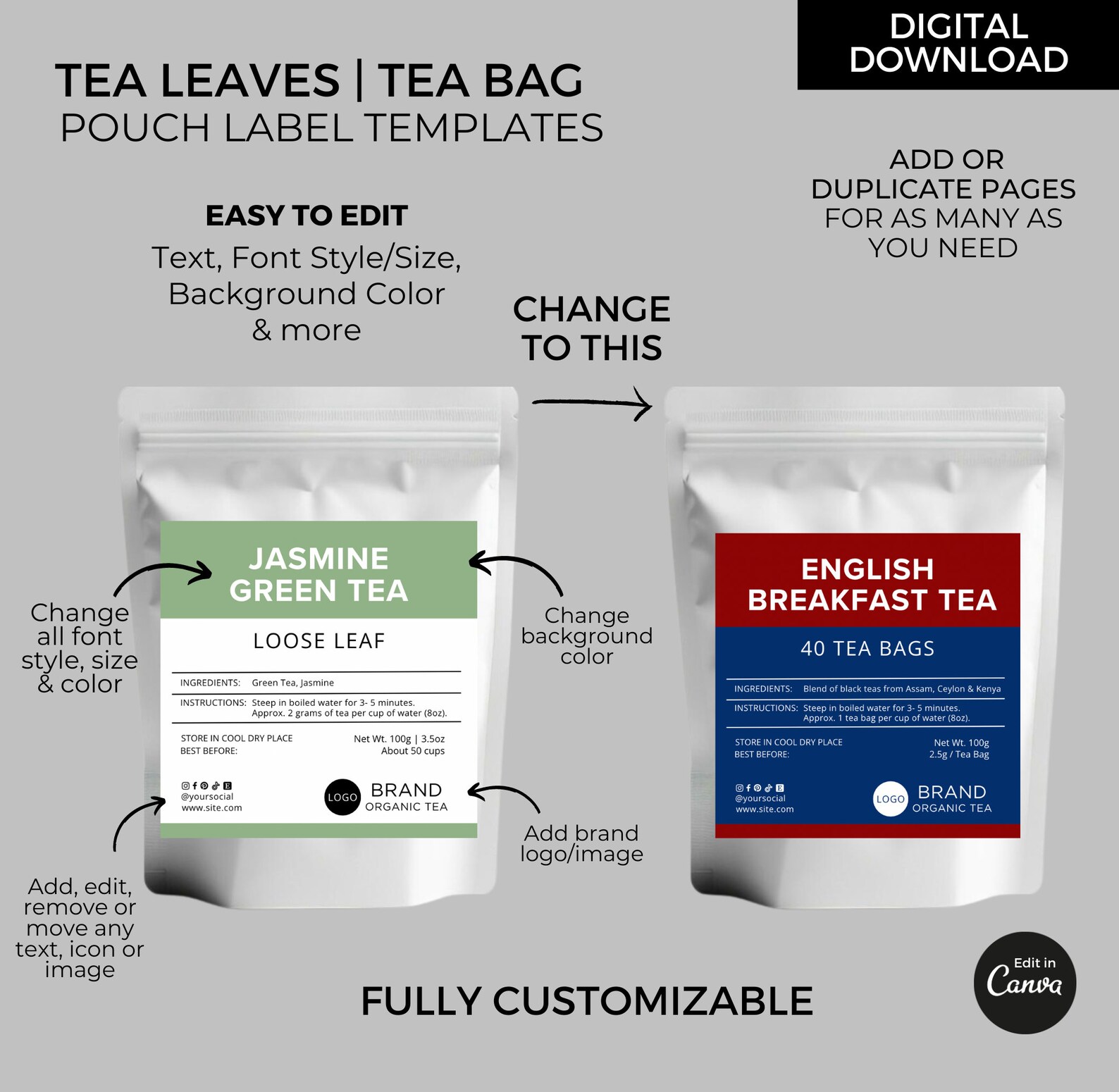 Tea Bag Labels Template Editable Canva, Minimalist Tea Pouch Label ...