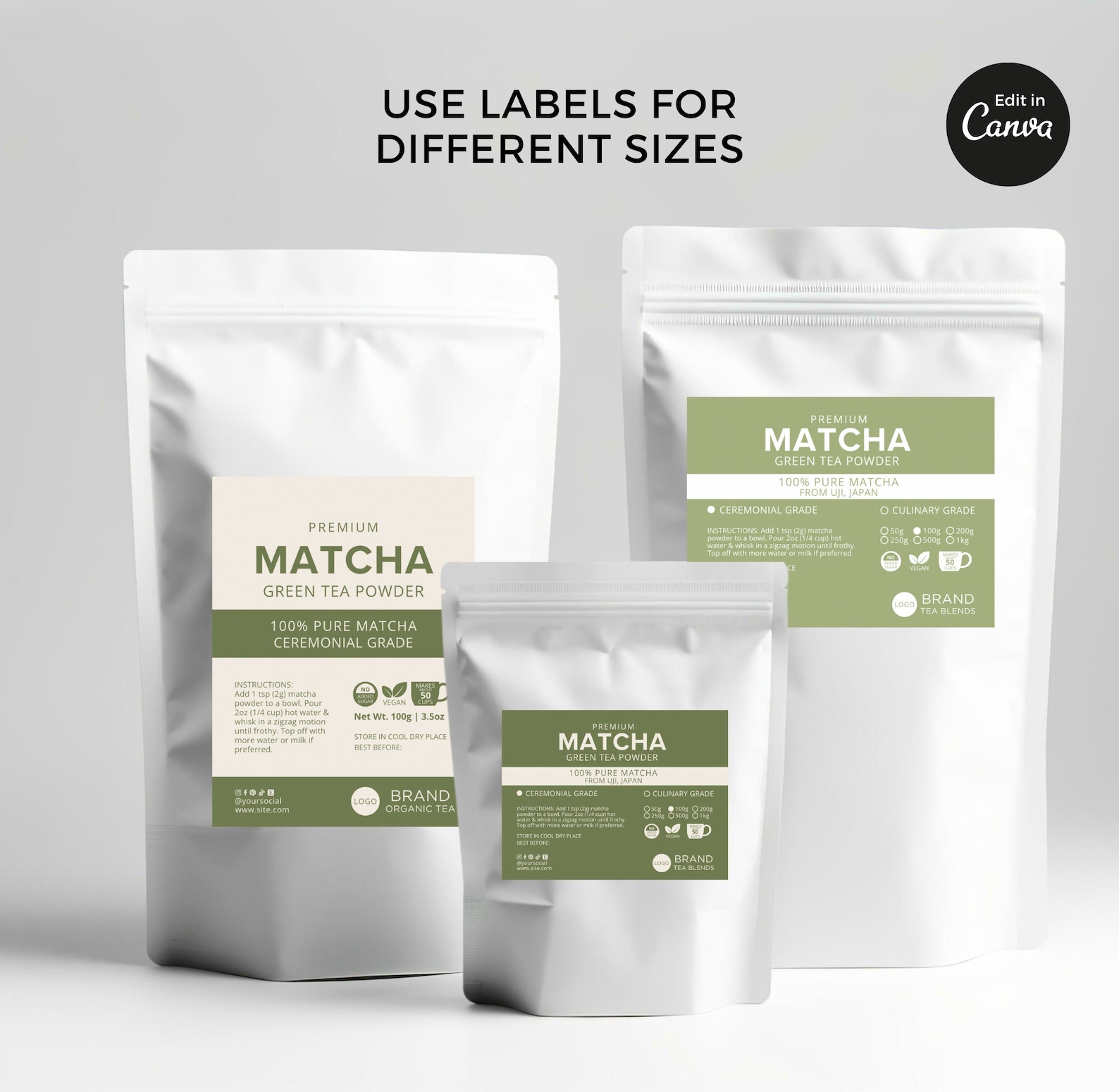 Matcha Tea Labels Template Editable Canva, Matcha Powder Tea Bag Label ...