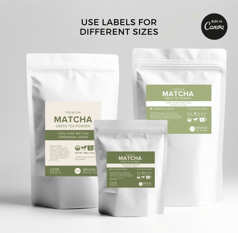 Matcha Tea Labels Template Editable Canva, Matcha Powder Tea Bag Label ...
