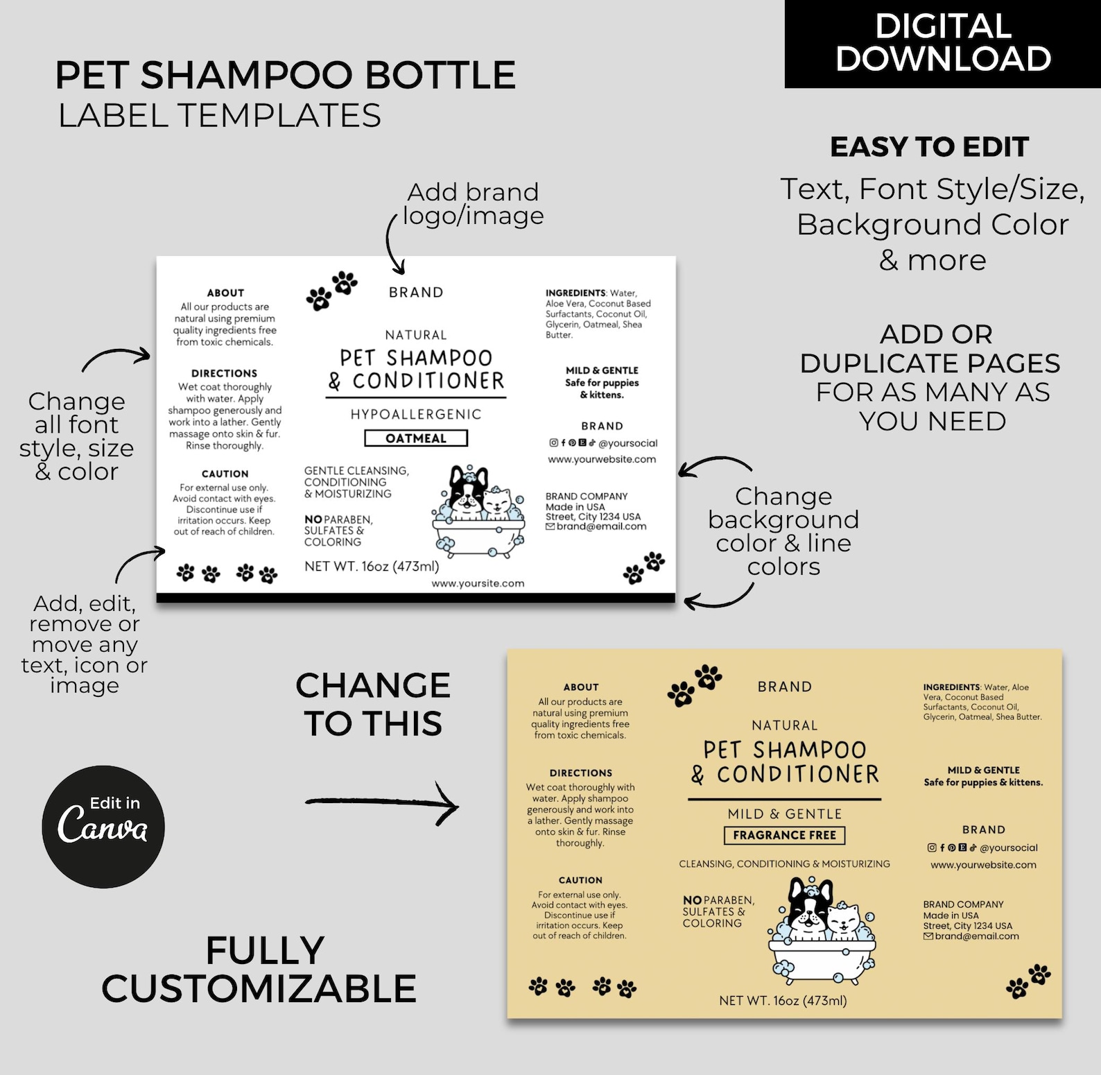 Dog Shampoo Bottle Labels Template Editable Canva, Pet Shampoo ...