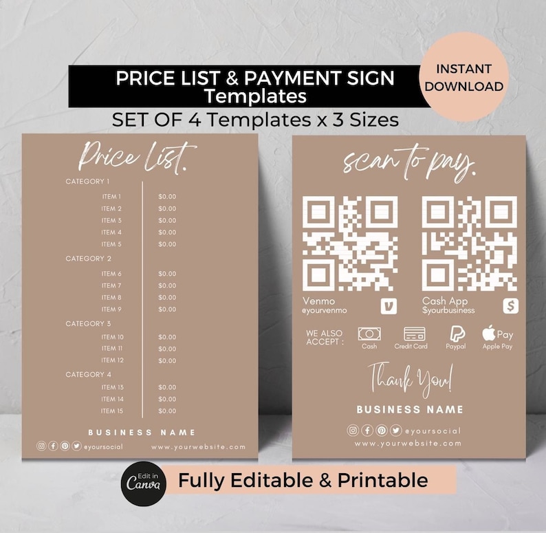 Price List Template Editable, Printable Payment Sign Card Set, Price ...