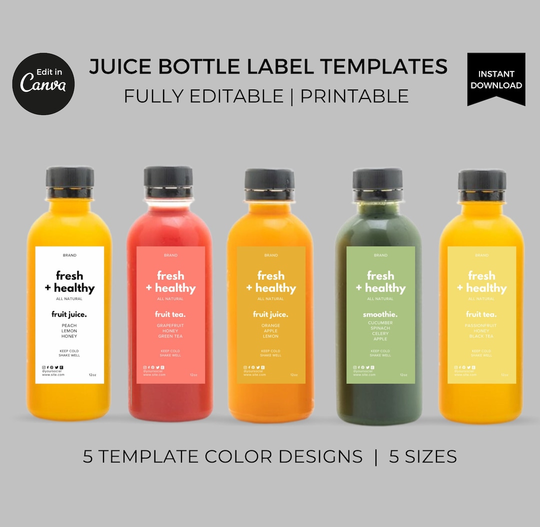 Editable Fruit Juice Bottle Labels Template Canva, Fresh Juice Label ...