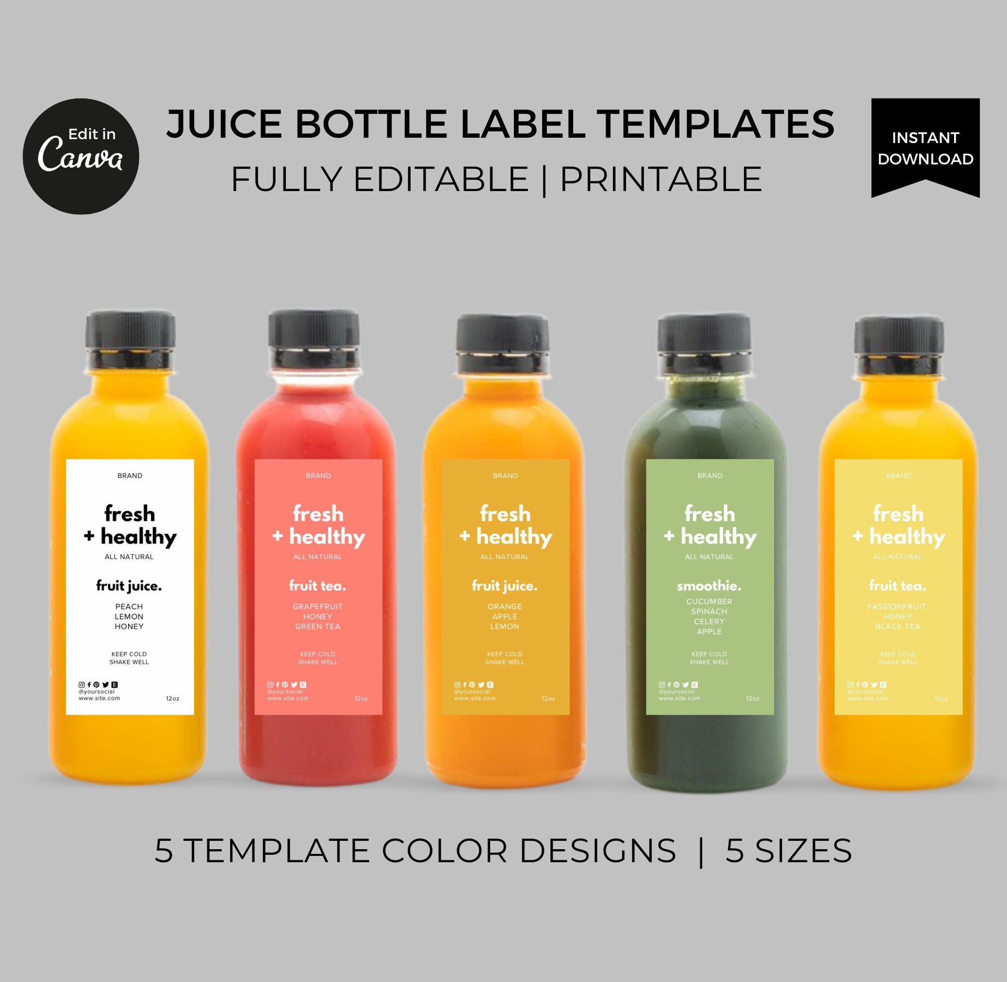 Editable Fruit Juice Bottle Labels Template Canva, Fresh Juice Label ...