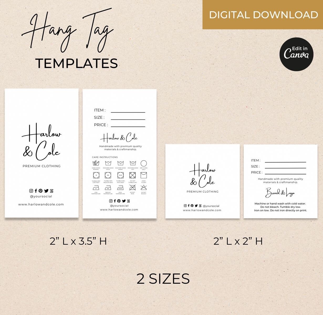 Editable Clothes Hangtags Template Canva, Printable Clothing Care Label ...