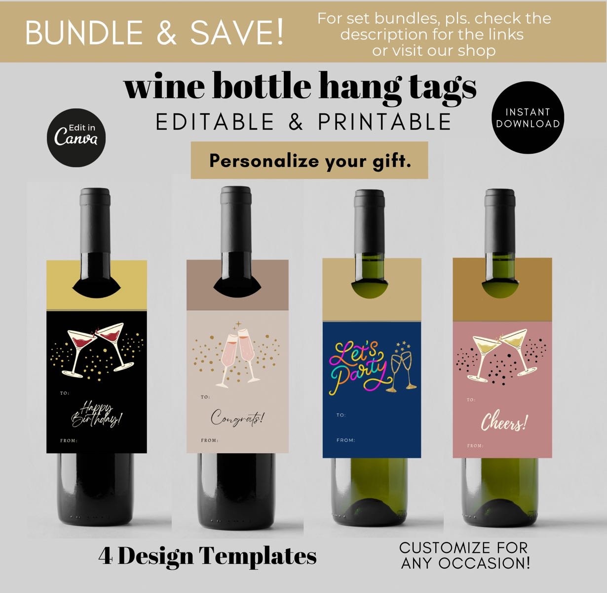 Printable Wine Hang Tags Template Canva Champagne Sparkling - Etsy