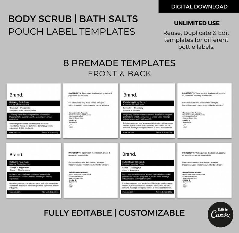 Minimalist Bath Salts Pouch Labels Template Canva, Aesop Label Stickers ...