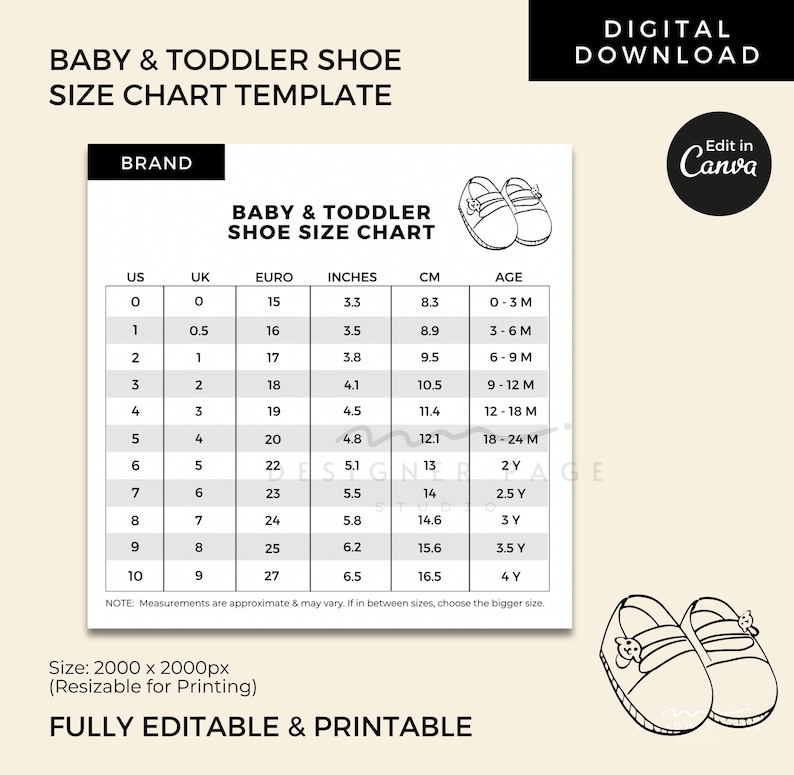 Editable Baby Toddler Shoe Size Chart Template Canva, Kids Shoe Size ...
