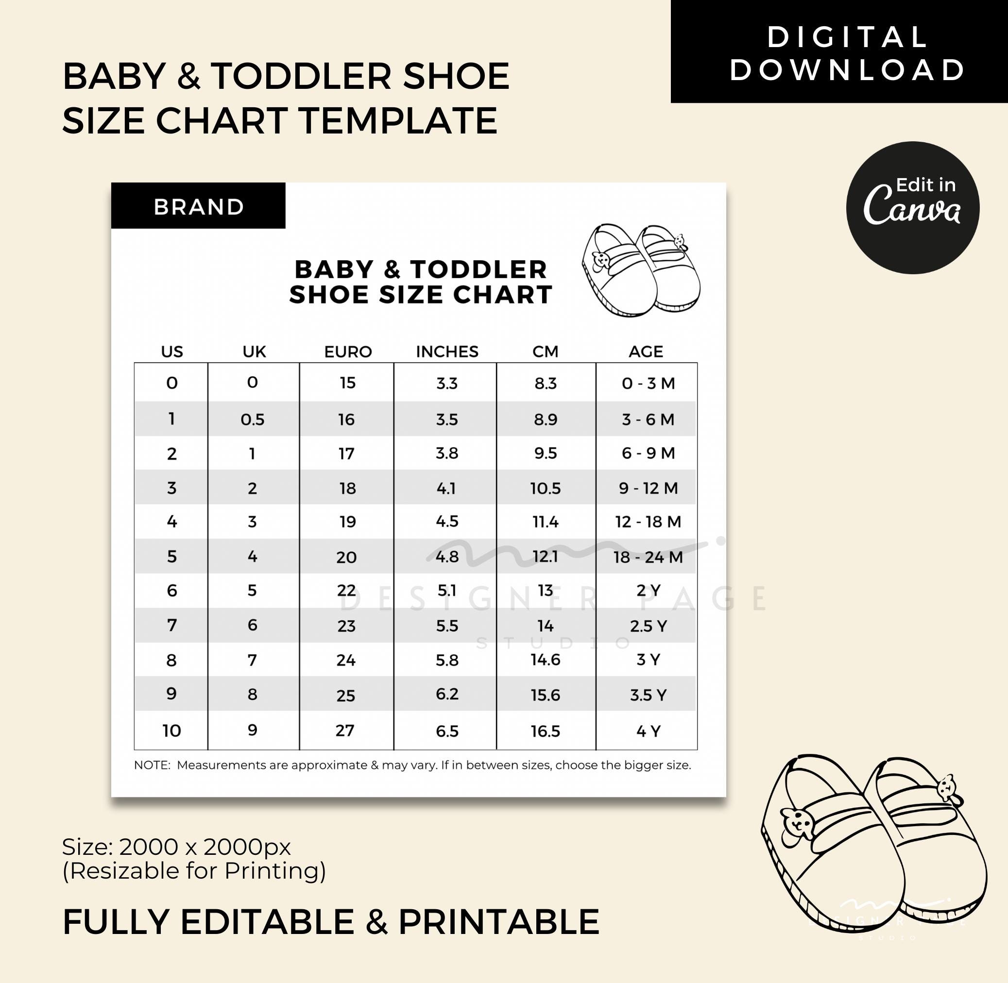 Editable Baby Toddler Shoe Size Chart Template Canva, Kids Shoe Size ...