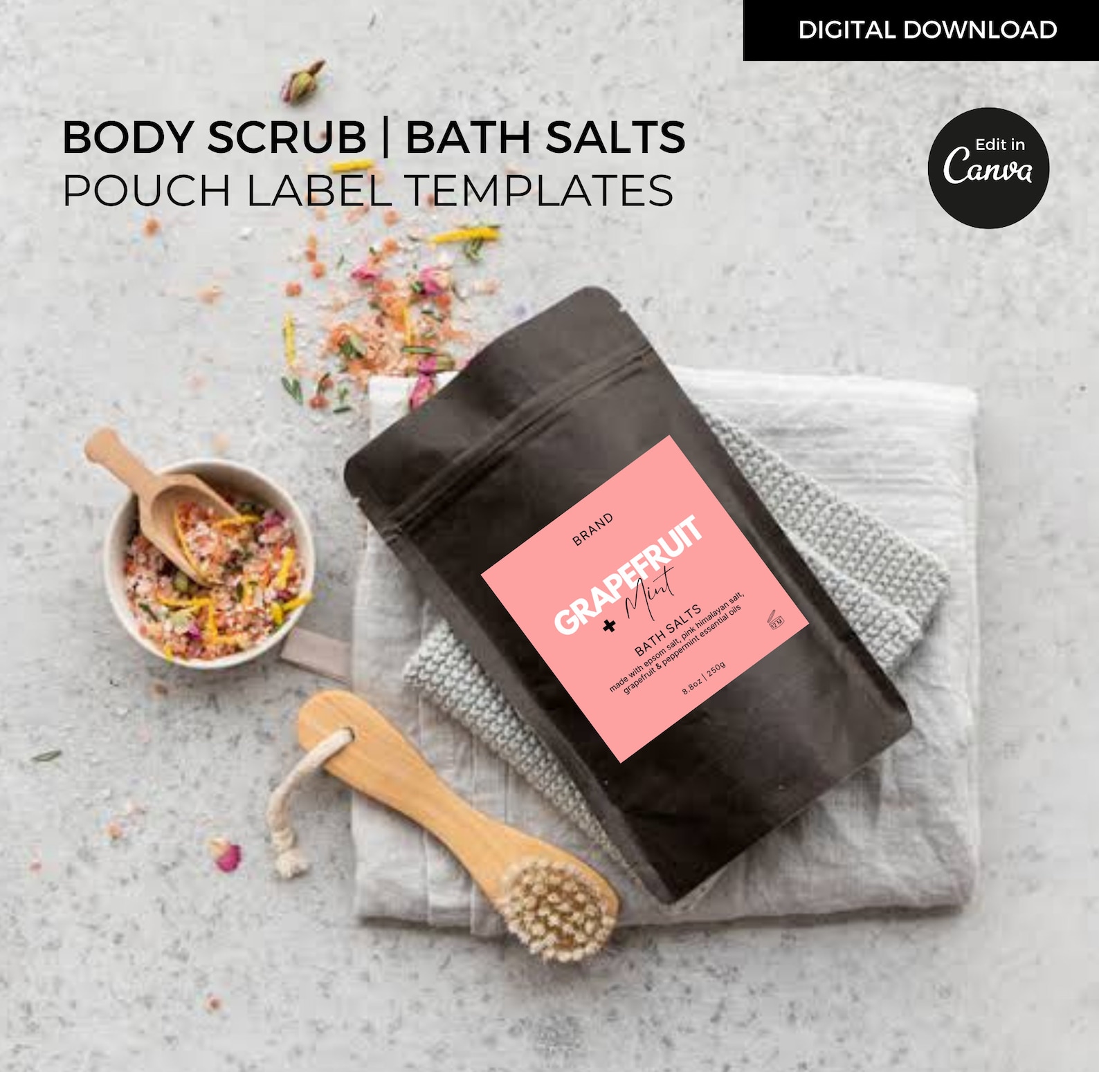Editable Bath Salts Pouch Labels Template Canva, Printable Body Scrub ...
