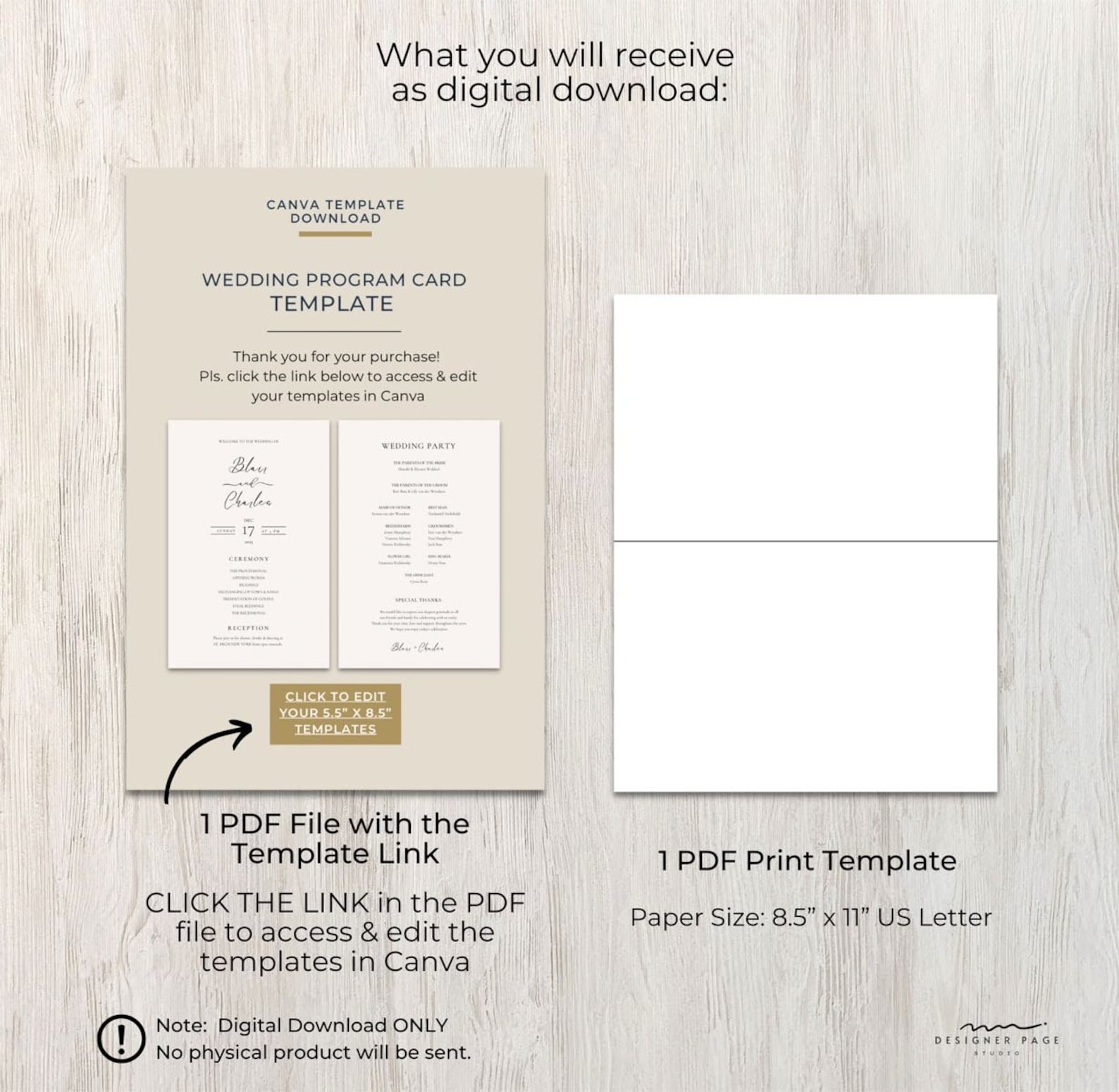 Editable Modern Wedding Program Card Template Canva, Printable Wedding ...