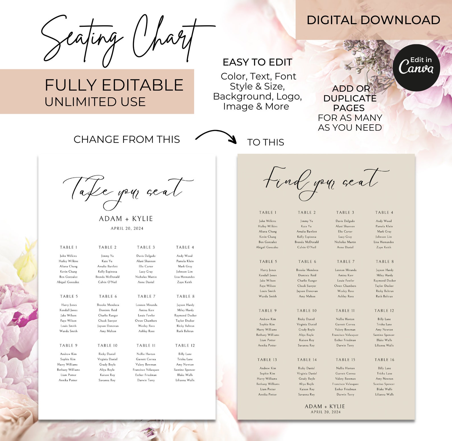 Editable Wedding Guest Seating Chart Template Canva, Printable Wedding ...