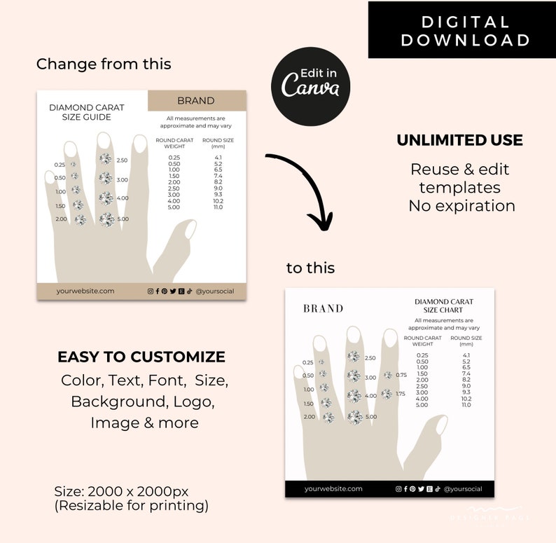 Editable Diamond Carat Size Chart Template Canva, Printable Round ...