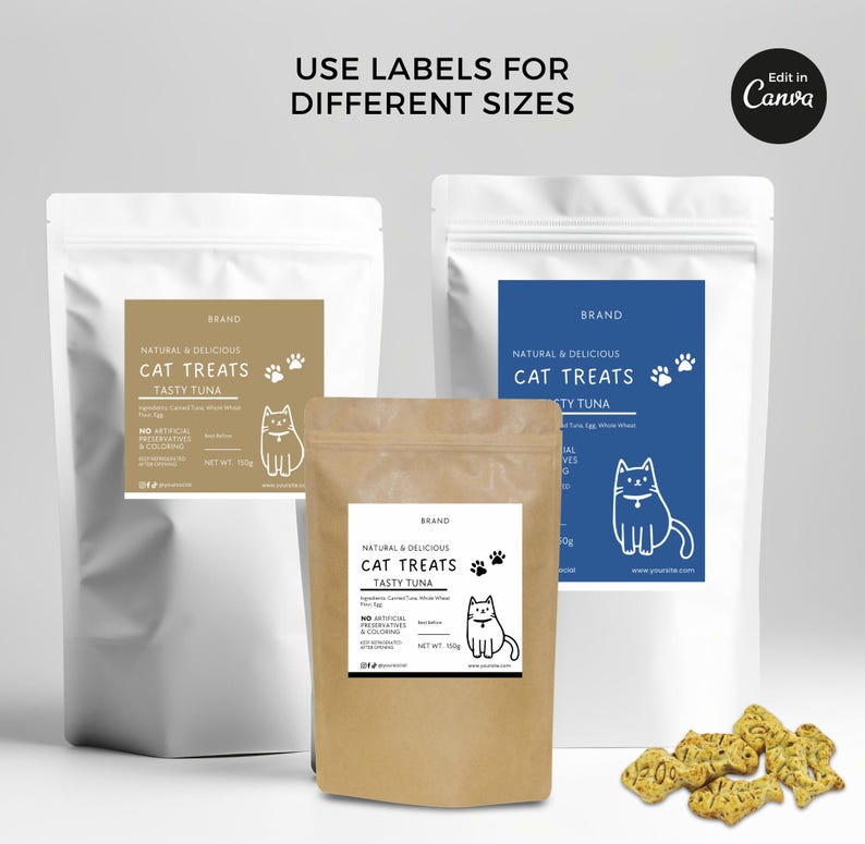 Editable Cat Treats Labels Template Canva, Cat Food Label Stickers ...