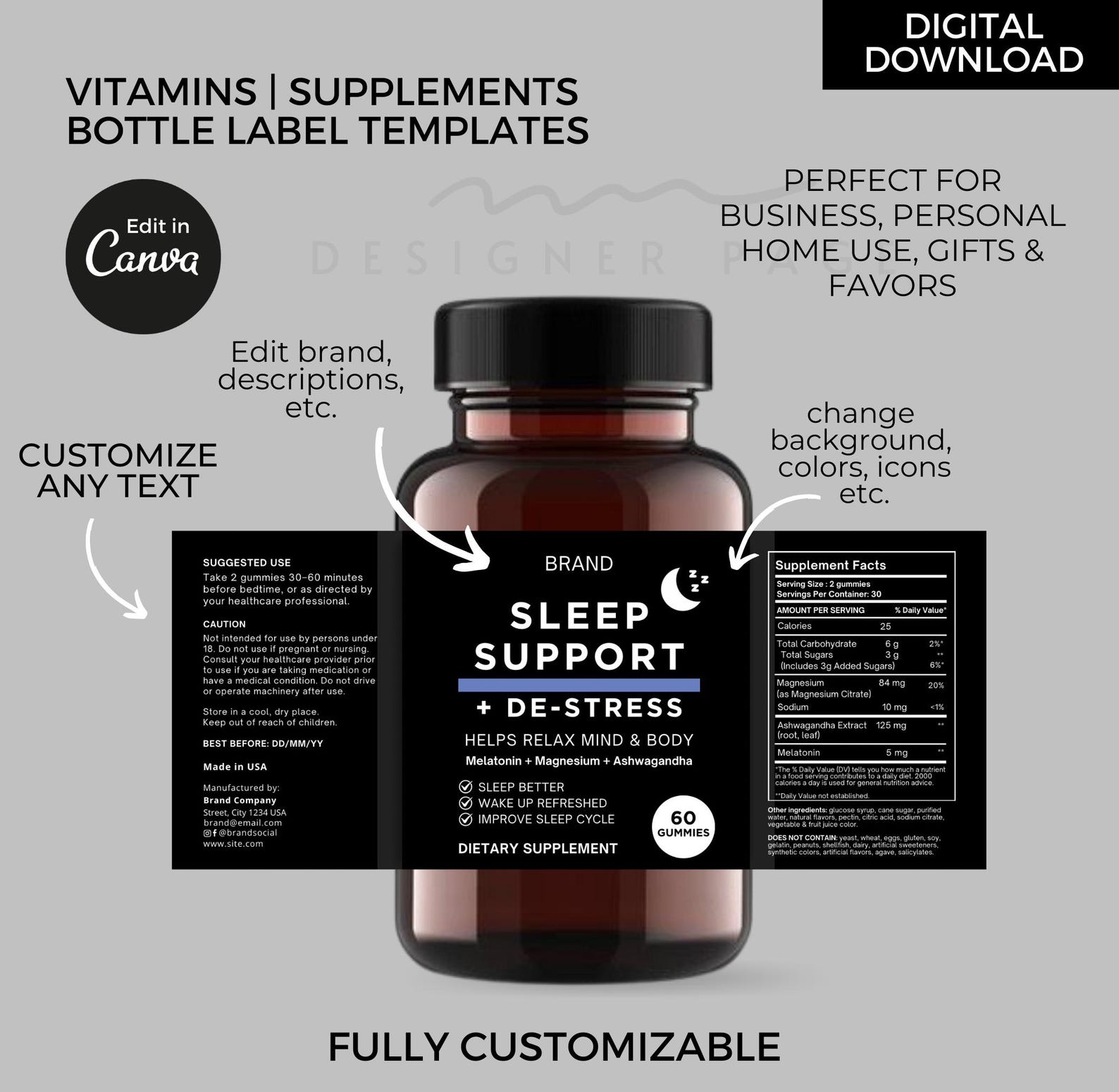 Vitamins Supplements Bottle Labels Template Canva Editable, Printable ...