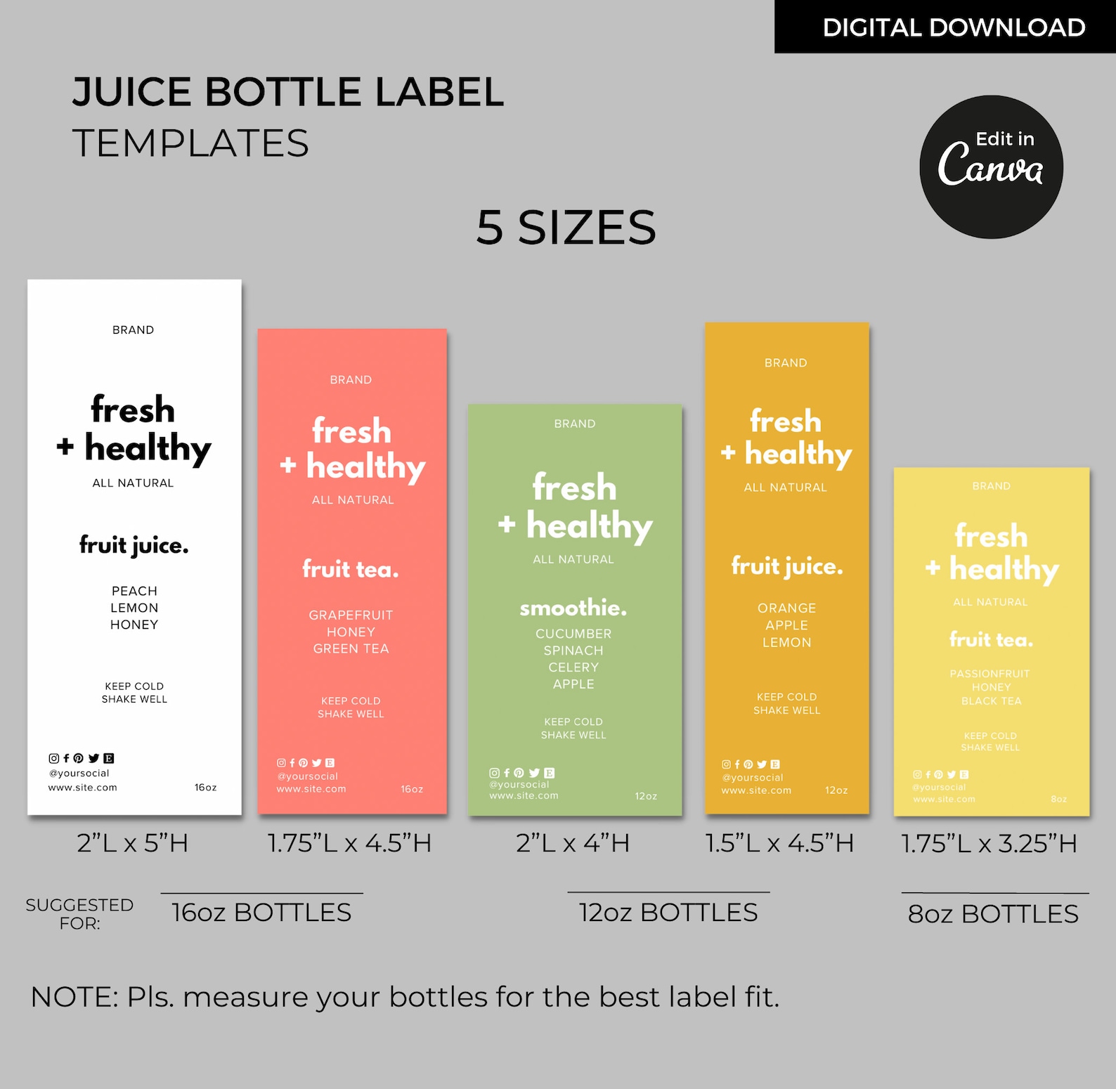 Editable Fruit Juice Bottle Labels Template Canva, Fresh Juice Label ...