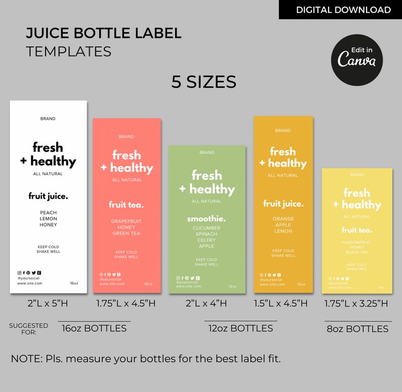 Editable Fruit Juice Bottle Labels Template Canva, Fresh Juice Label ...