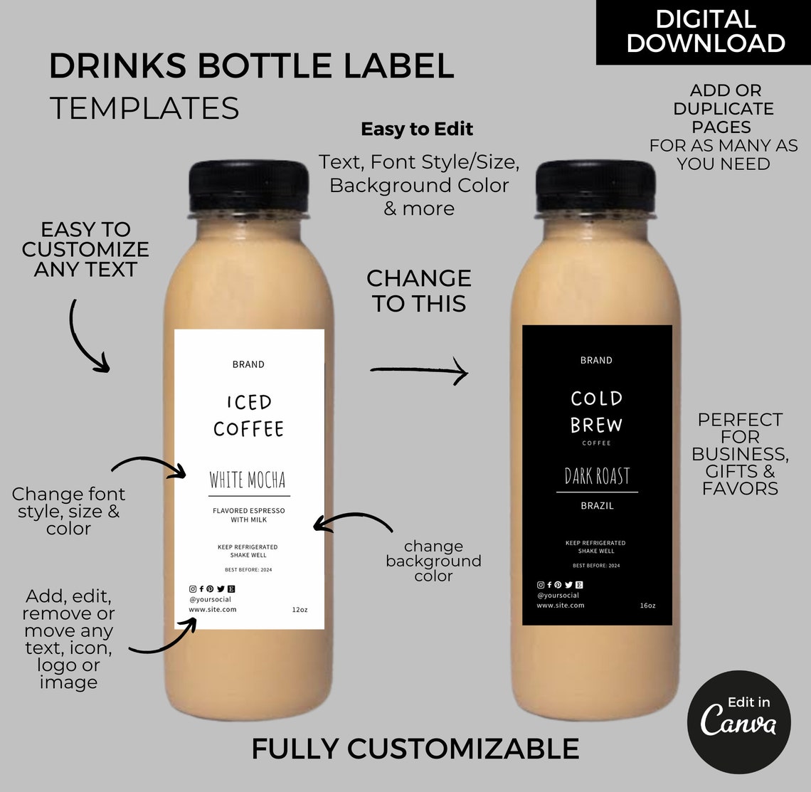 Editable Iced Coffee Bottle Labels Template Canva, Drinks Label Design ...