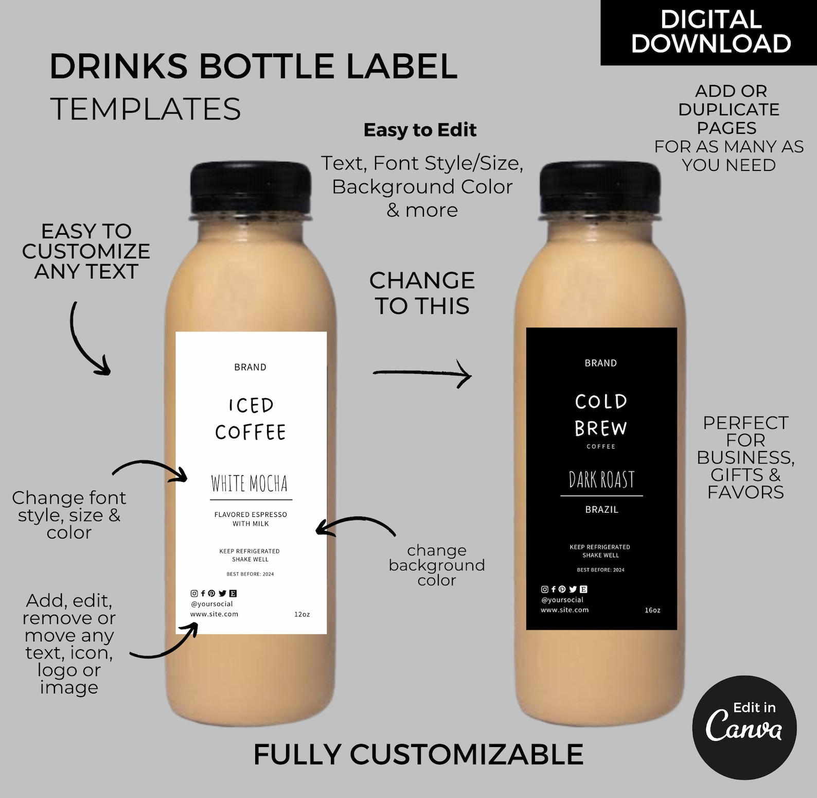 Editable Iced Coffee Bottle Labels Template Canva, Drinks Label Design ...