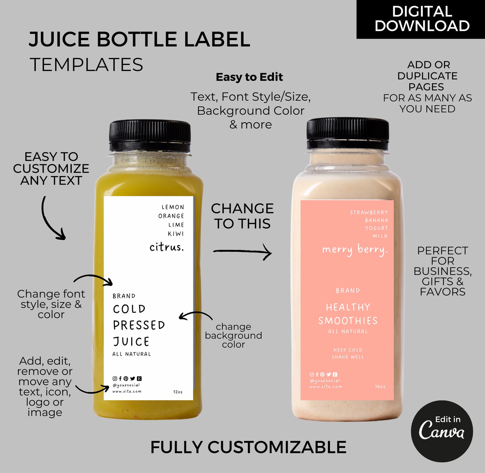 Editable Fruit Juice Bottle Labels Template Canva, Fresh Juice Label ...