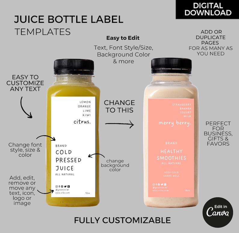 Editable Fruit Juice Bottle Labels Template Canva, Fresh Juice Label ...