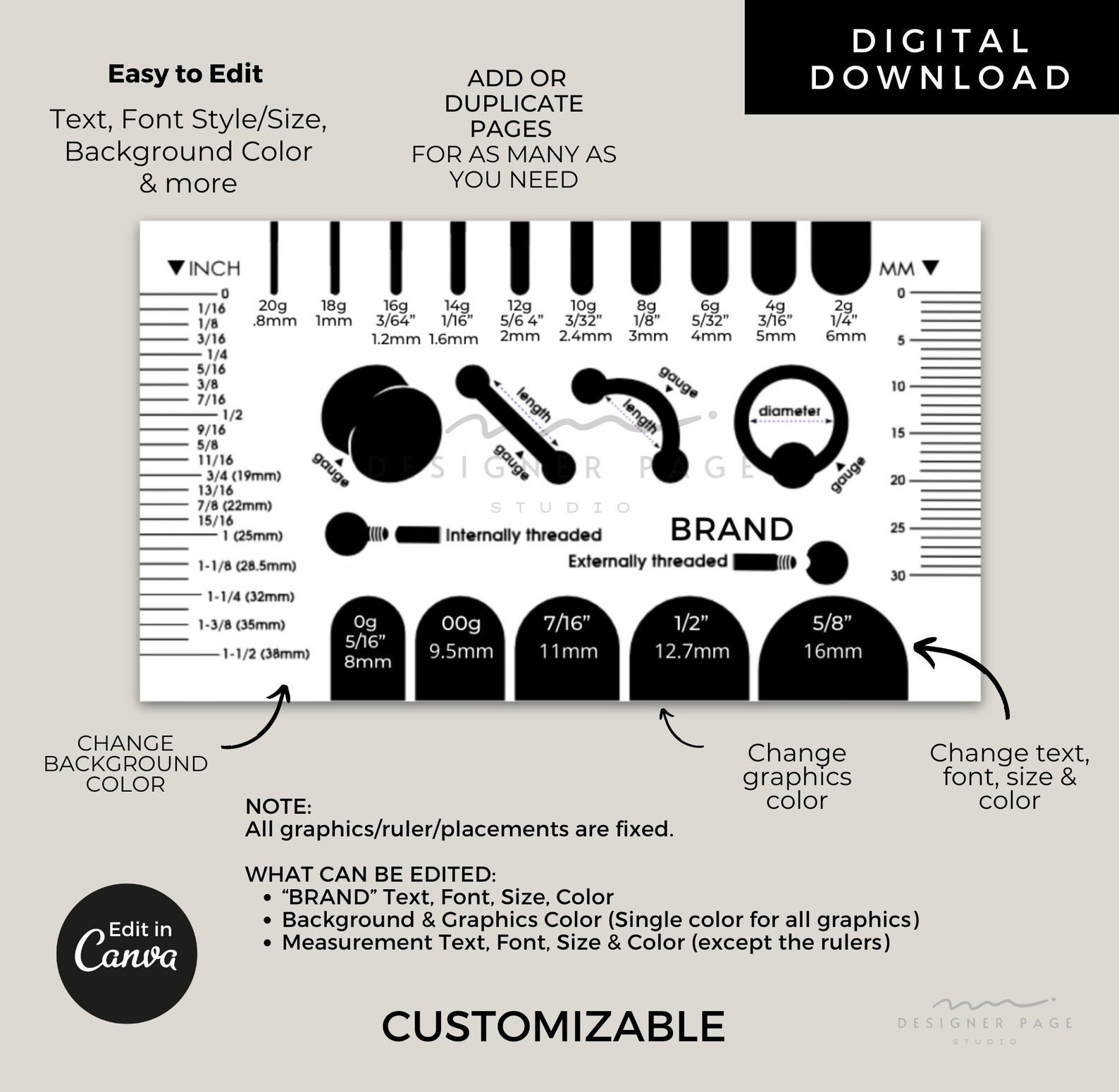 Editable Body Jewelry Piercing Gauge Measurement Card Template Canva, Printable Piercing Gauge ...