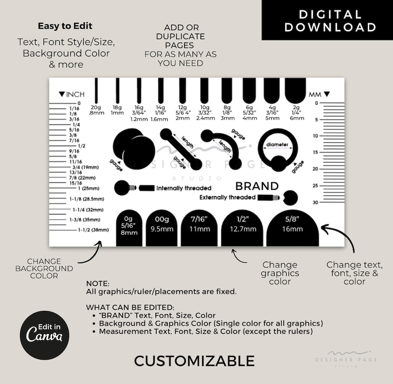 Editable Body Jewelry Piercing Gauge Measurement Card Template Canva ...