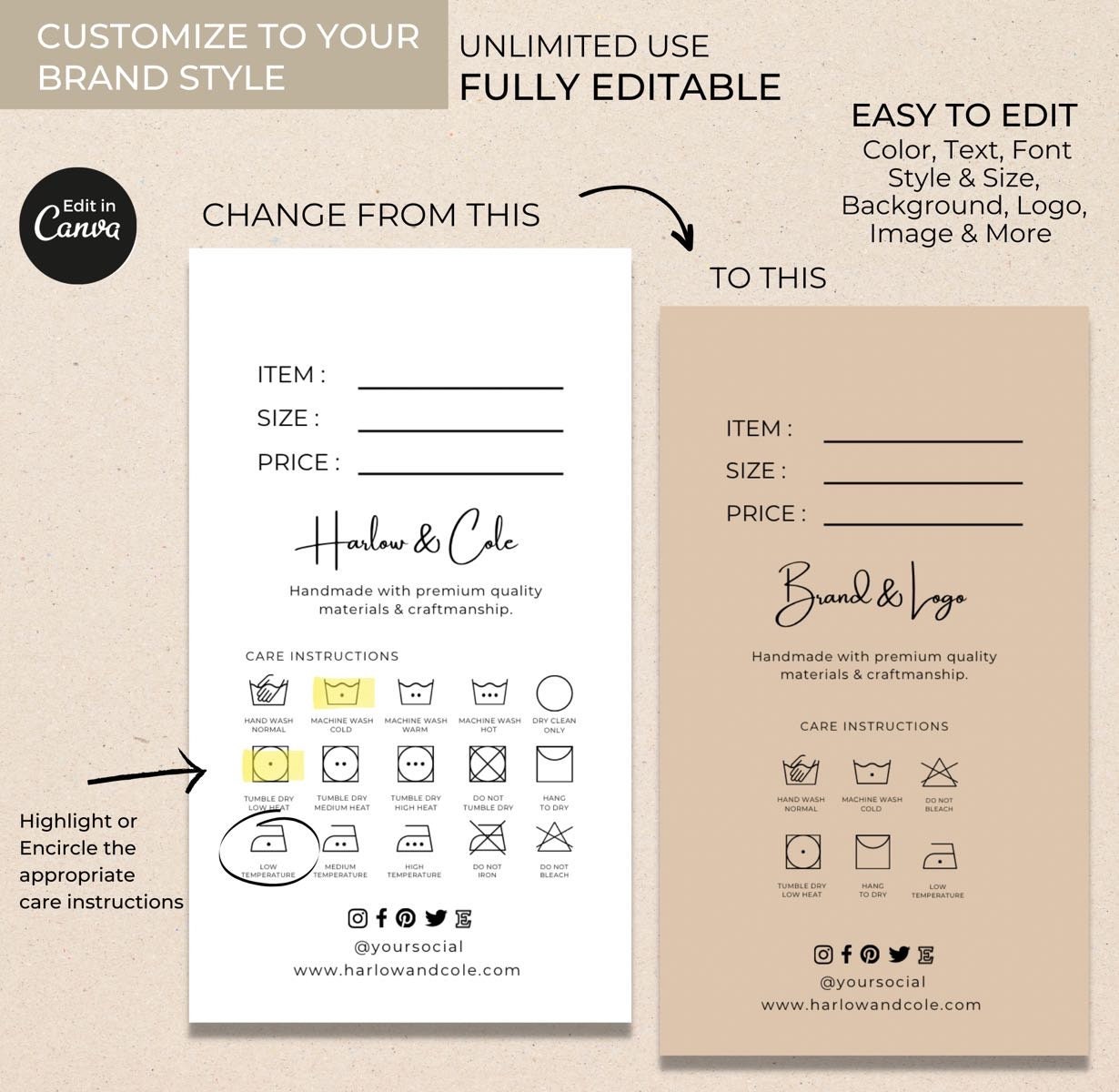 Editable Clothes Hangtags Template Canva, Printable Clothing Care Label ...