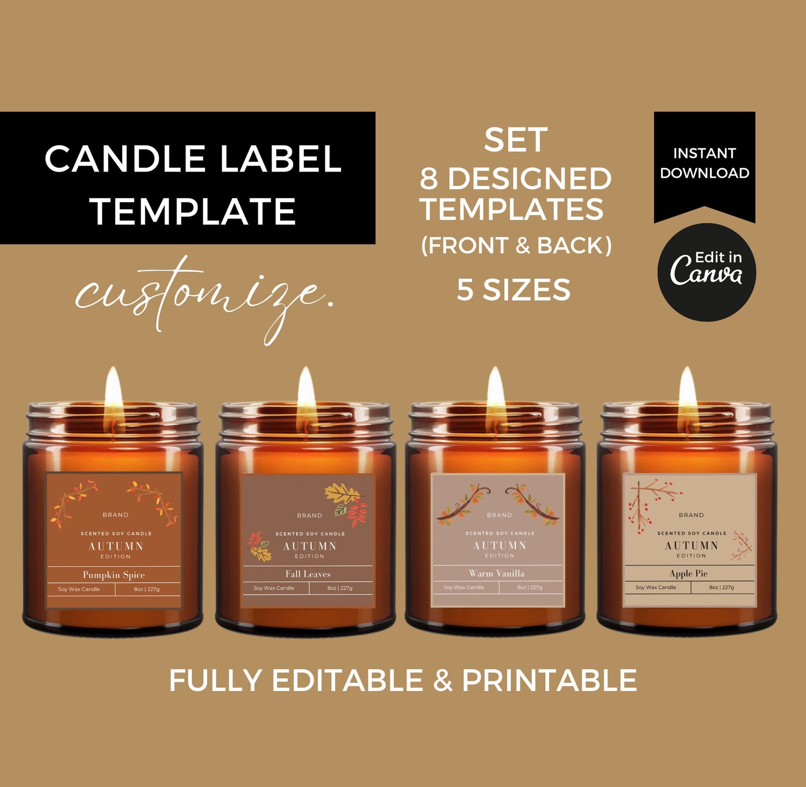 Autumn Candle Labels Template Editable, Modern Candle Label Printable ...