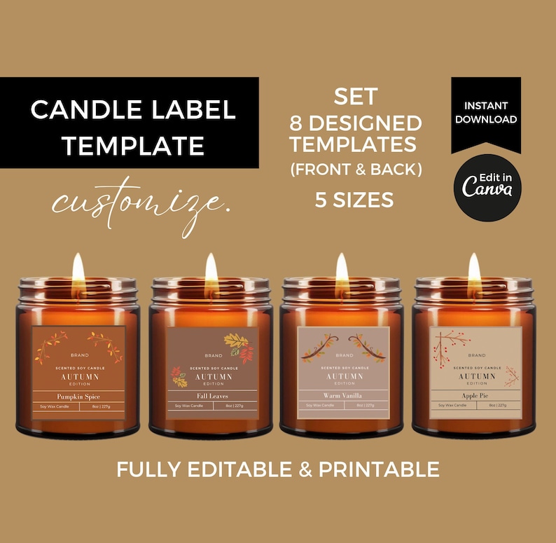 Autumn Candle Labels Template Editable, Modern Candle Label Printable ...
