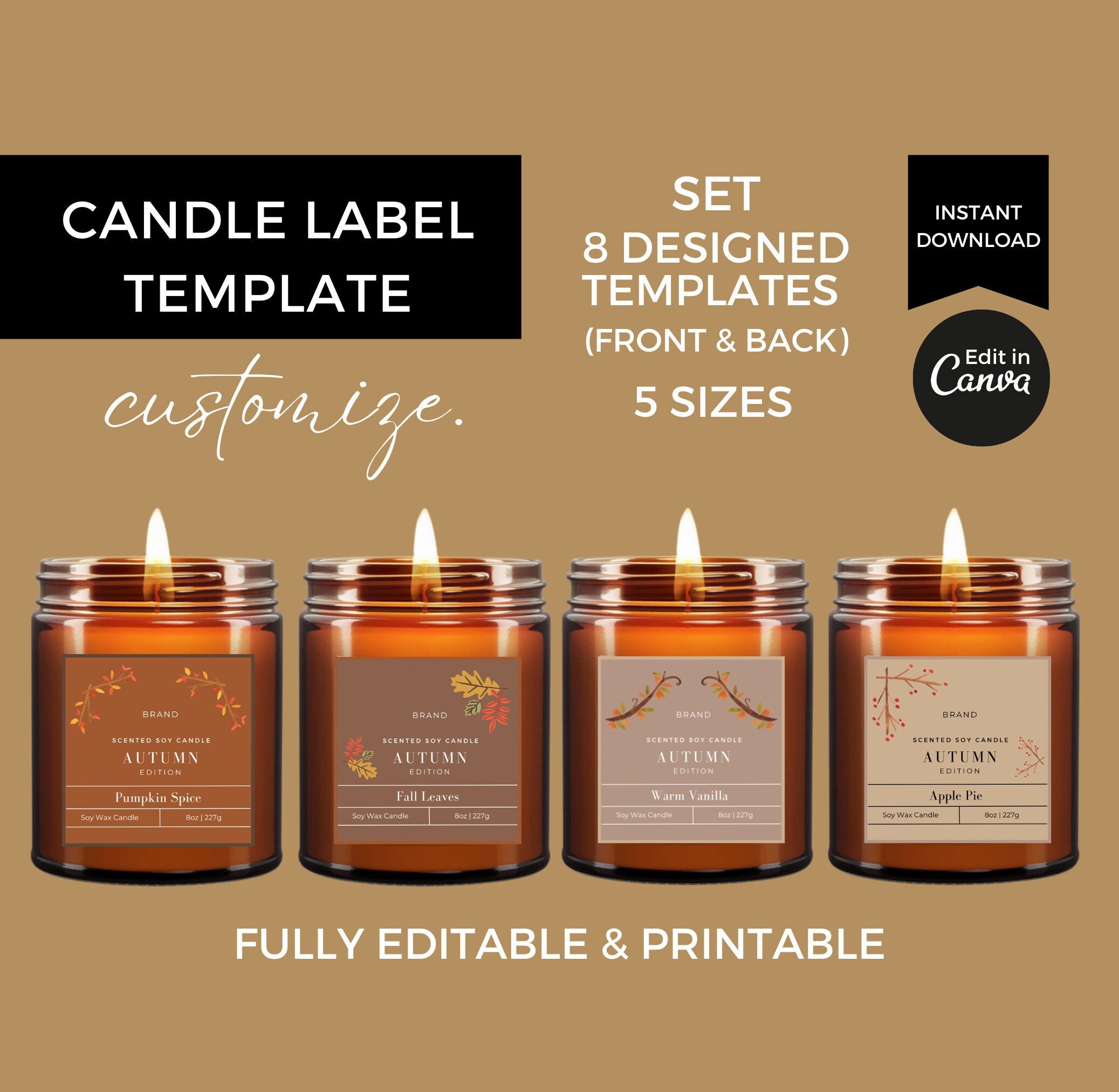 Autumn Candle Labels Template Editable, Modern Candle Label Printable ...