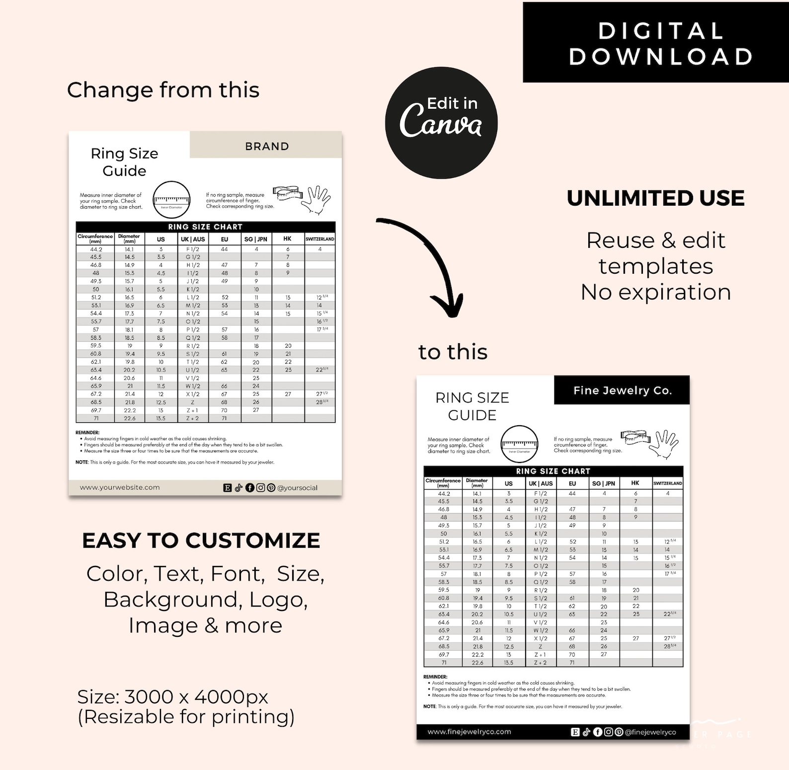 Editable Ring Size Chart Template Canva, Custom Ring Sizing Guide, Ring ...