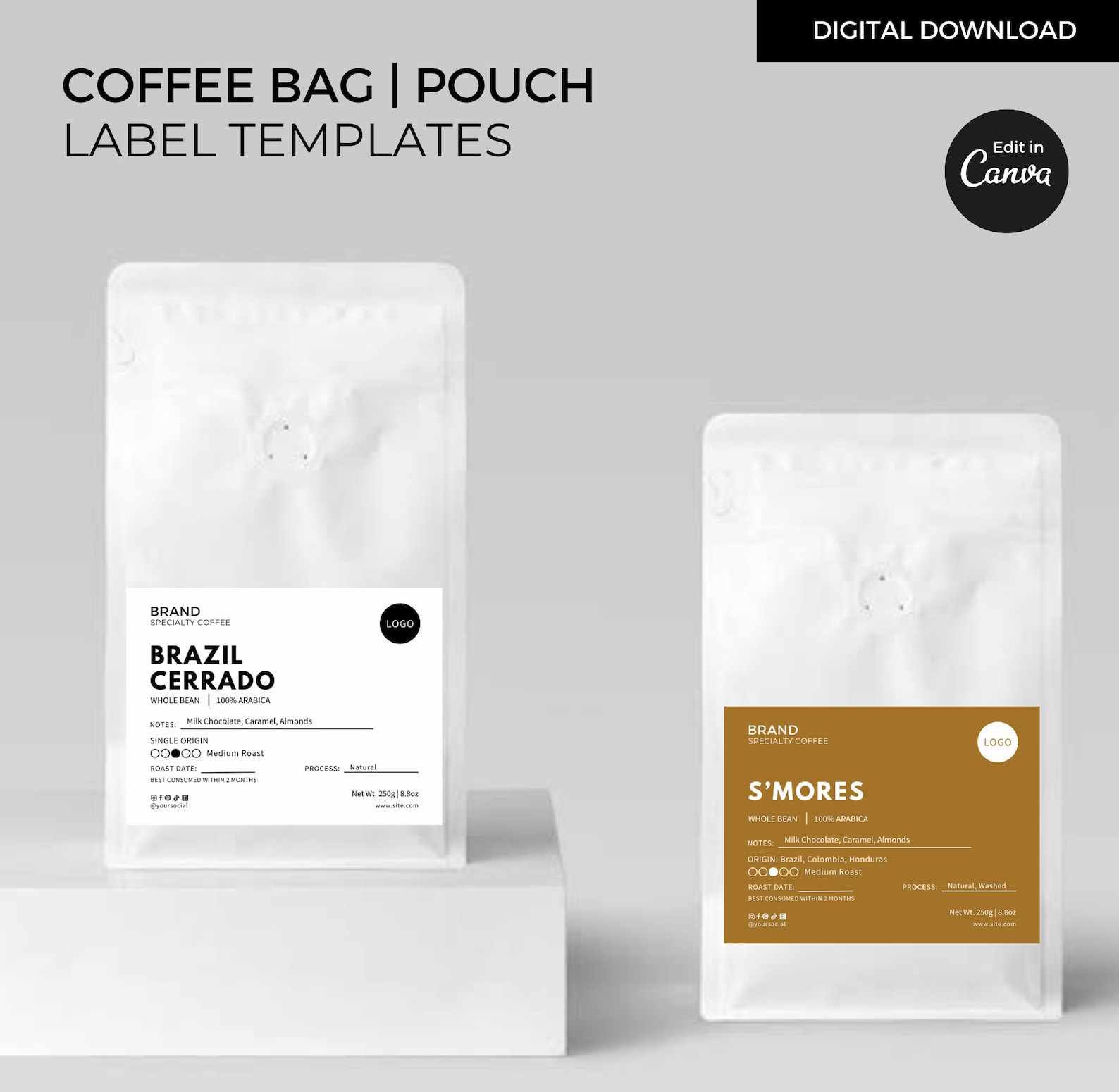 Editable Coffee Bag Labels Template Canva, Coffee Beans Pouch Label ...