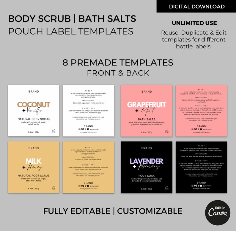 Editable Bath Salts Pouch Labels Template Canva, Printable Body Scrub ...