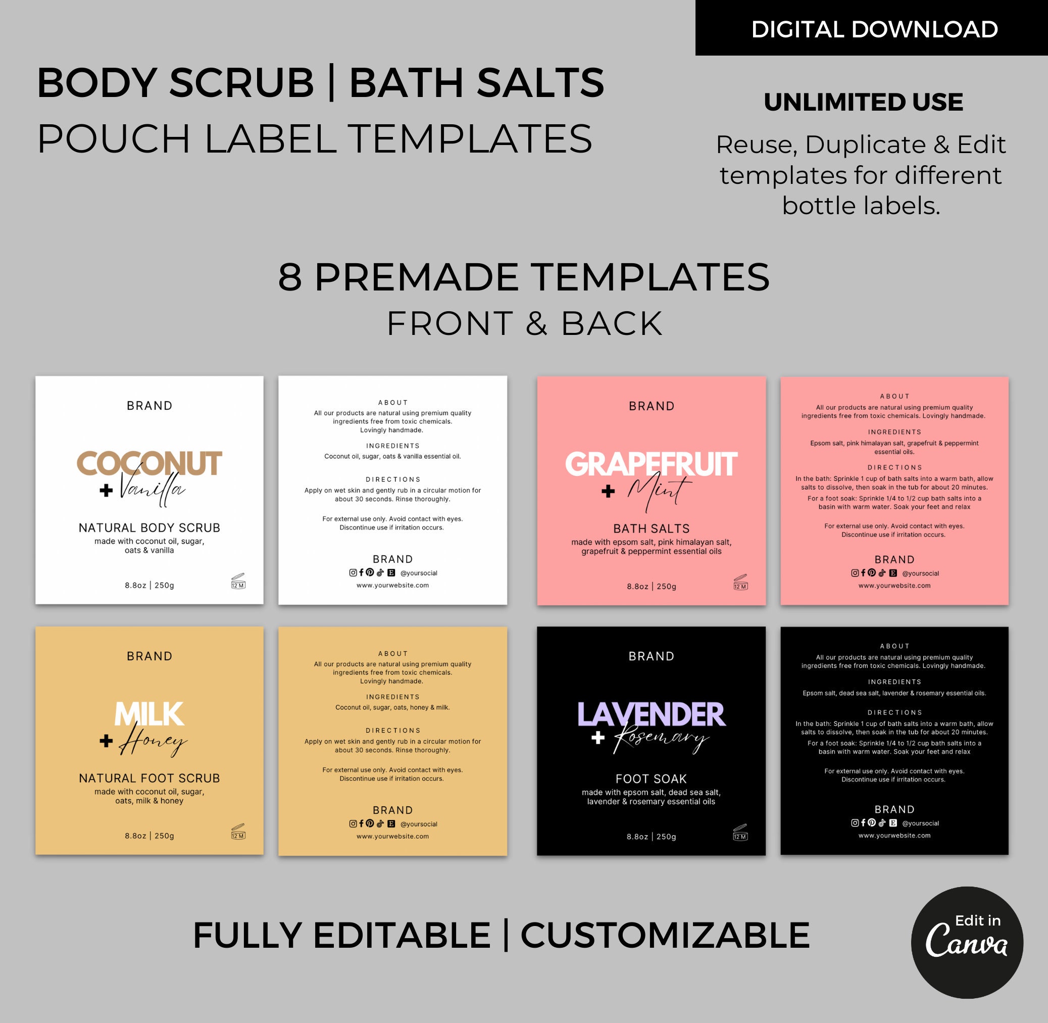 Editable Bath Salts Pouch Labels Template Canva, Printable Body Scrub ...