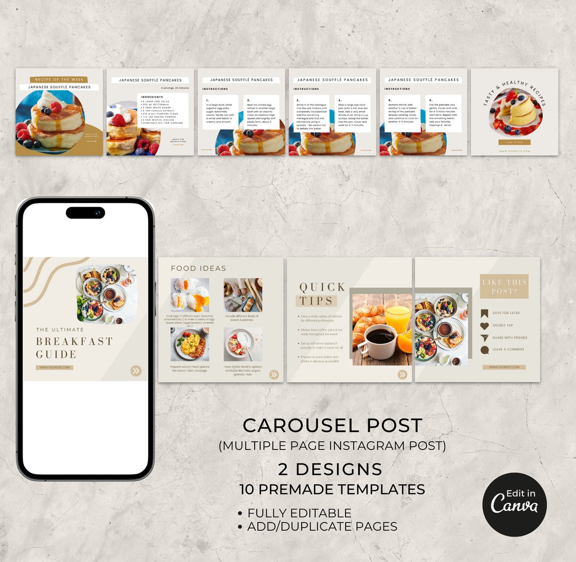 Food Instagram Post Templates Canva, Editable Recipe Templates Set ...
