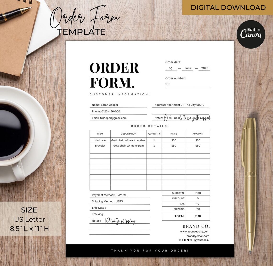 Editable Order Form Template Canva, Printable Customer Sales Invoice ...