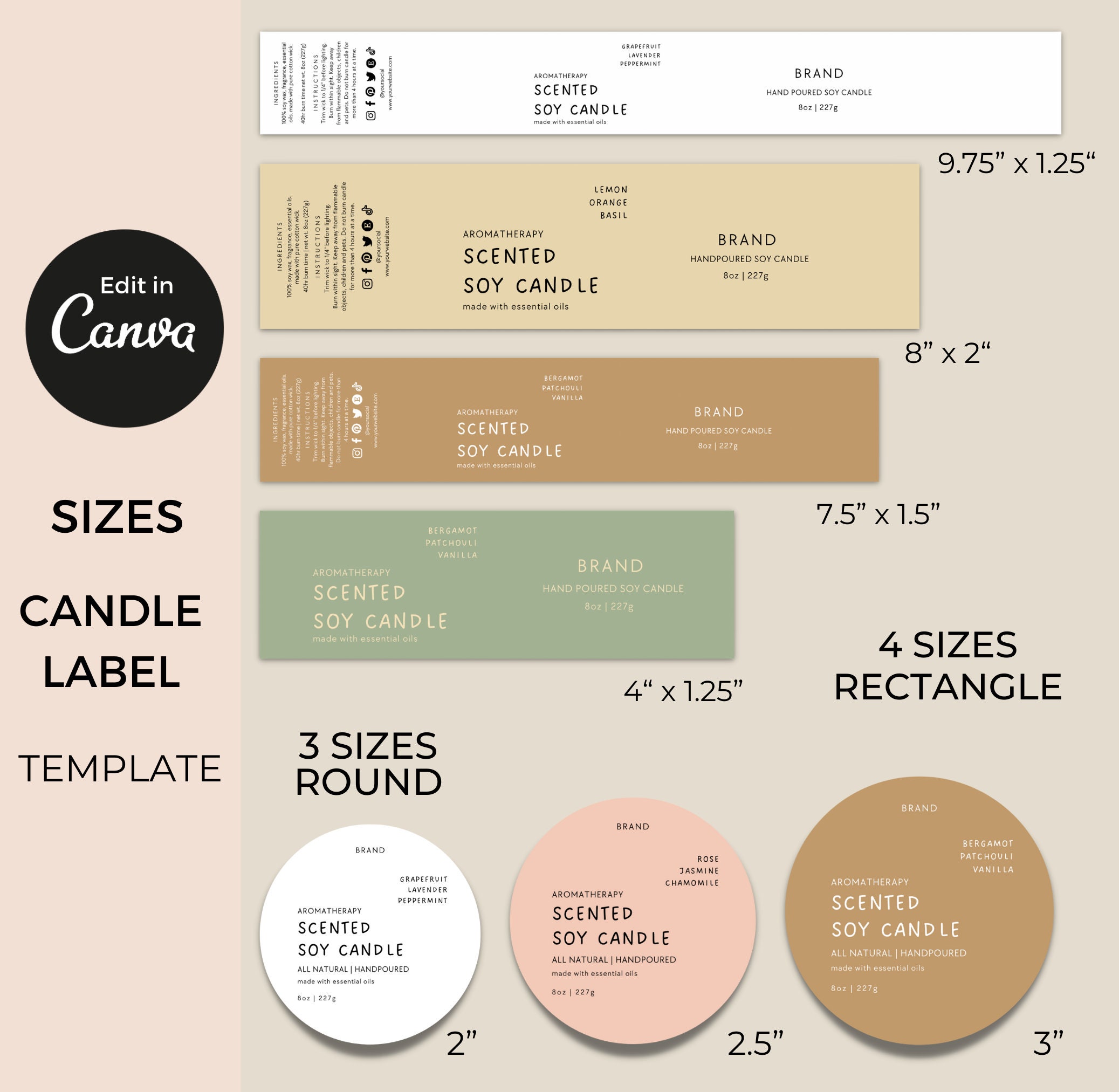 Editable Candle Tin Labels Template Canva, Candle Round Labels, Modern ...