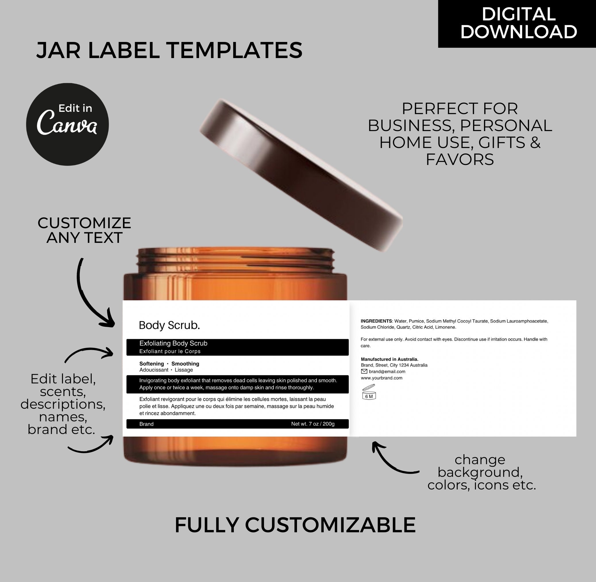 Minimalist Cosmetic Jar Labels Template Canva, Editable Product Label ...