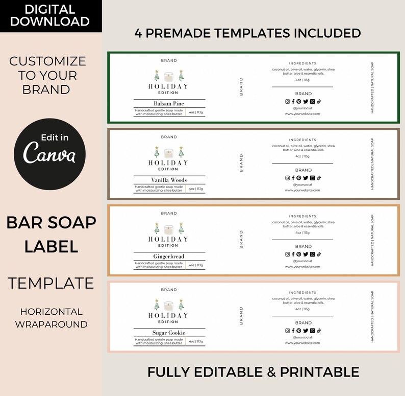 Christmas Soap Labels Template Editable Canva, Holiday Soap Label Wrap ...